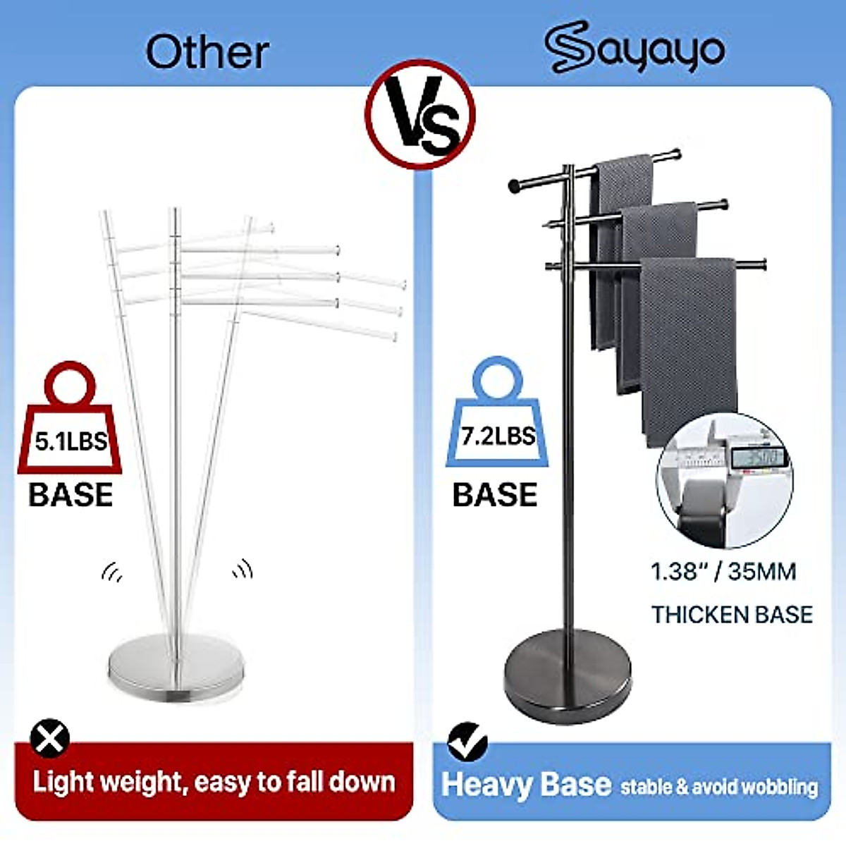 Sayayo Freestanding Towel Rack for Bathroom, 39 Inch Towel Holder for Bathroom Towel Stand Floor with 3 Adjustable Towel Bar, Gunmetal 