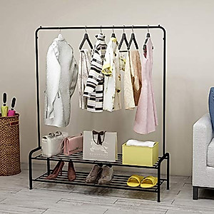 BOFENG Metal Garment Rack Industrial Free-Standing Clothes Rack with Top Rod and 2 Tier Lower Storage Shelf - Black