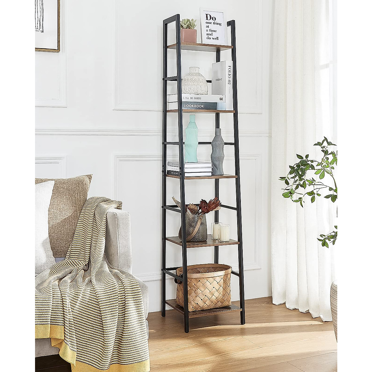 Pshelfy Bookshelf, 5-Tier Narrow Ladder Shelf Bookcase with Metal Frame, Freestanding Corner Rack Shelves for Small Spaces Display Storage Organizer Tall Skinny Shelf for Living Room Kitchen