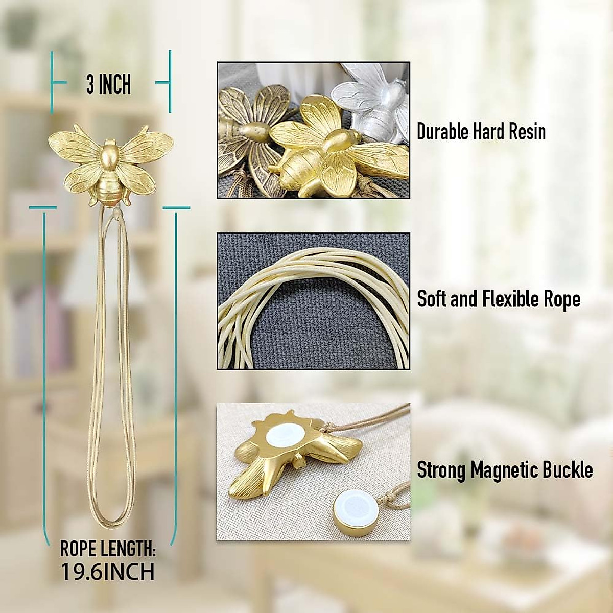 Curtain Holdbacks, Gift Set of 2, Resin Magnetic Curtain Tiebacks Golden Flying Bee Curtain Holders, Decorative Curtain Ties for Drapes, Outdoor Home Office Farmhouse Curtain Decorative Accessories