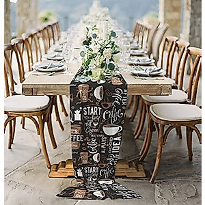 Rural Coffee Chiffon Table Runner 120 Inches Long, Shabby Chic Esppresso Beans Cup Drinking Voile Sheer Tulle Runner for Rustic Wedding Reception Bridal Shower Decorations Birthday Party