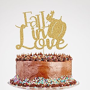 Glitter Fall in Love Cake Topper - Autumn Happy Anniversary Cake Topper, Pumpkin Wedding Engagement Bridal Shower Party Decorations Gold