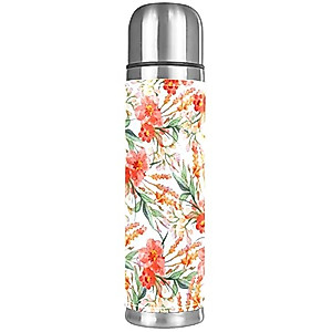Stainless Steel Leather Vacuum Insulated Mug Flowers Thermos Water Bottle for Hot and Cold Drinks Kids Adults 16 Oz
