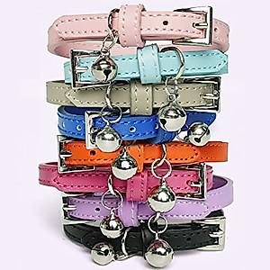 PUPTECK 2 PCS Soft Leather Cat Kitten Collar with Bells Adjustable for Girl Boy Cats Puppy - Orange, Purple