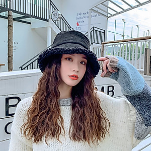 Peicees Winter Fluffy Bucket Hat for Women Girls Fuzzy Warm Bucket Hat with Faux Fur for Kids Reversible Fisherman Cap Black