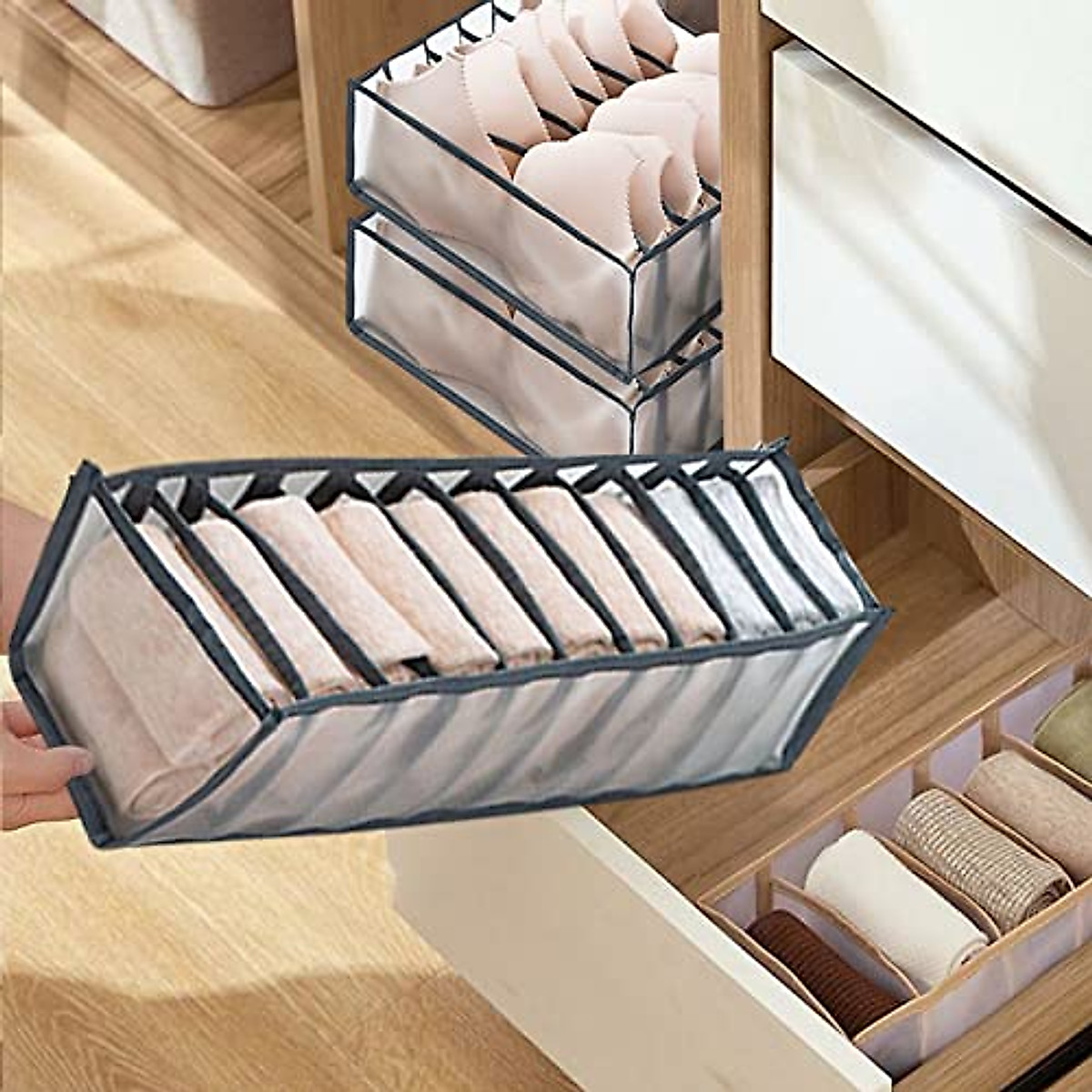 6 Pcs Clothes Organizer,Drawer Organizer Clothes,Wardrobe Drawer Organizers Clothes Closet Storage ,Foldable Mesh Separation Box for T-shirt, Socks, Legging, Scarves, Underwear (Grey, 6/7/11 Grids)
