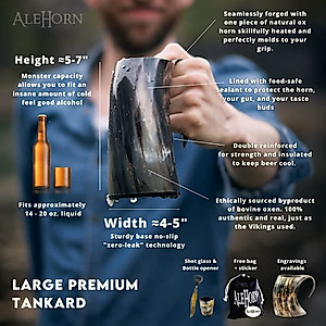 AleHorn Viking Horn Mug, Shot Glass and Bottle Opener Bundle | Viking Drinking Horn Set | Viking Horn Cup, Viking Mug Gift Ideas For Him - Viking Drinking Horn Mug Set for Beer, Ale or Mead - 16 oz
