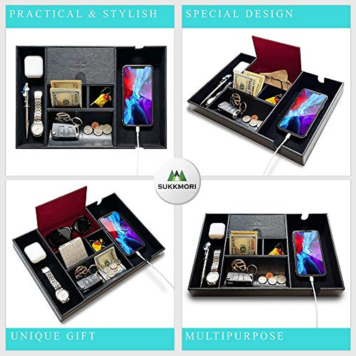 SUKKMORI Nightstand Organizer Valet Tray - PU Leather Desktop Organizer for Men and Women, Catchall Tray with 6 Compartments, Jewelry Organizer for Keys, Wallet, Phone, Watch, EDC Tray