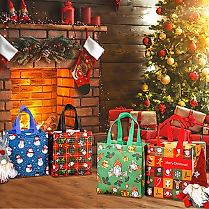 YANGTE 16 Pack Small Christmas Gift Bags with Tissue Paper, Non-Woven Christmas Treat Bags Reusable Tote Bags with Handles for Kids Candy Goodie Bags Christmas Bags Xmas Party Favors