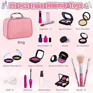 Pretend Makeup Kit for Toddlers Girls, Kids Pretend Play Makeup Set for Little Girls, Fake Toy Makeup Set with Cosmetic Case & Jewelry Set, Present Gift for Kids Girls Age 3 4 5+ ( Fake Makeup )