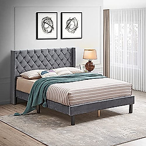 Livavege Upholstered Bed Frame Queen Size with Wingback Headboard, Square Stitched Button Tufted, Platform Bed Queen with Solid Wood Slats Support, Modern Bedframe No Box Spring Needed
