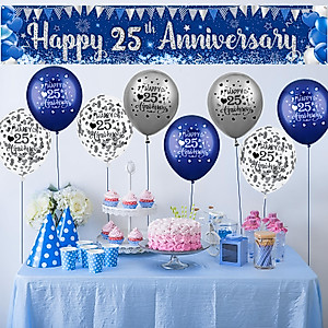 Blue Silver 25th Anniversary Decorations for Men Women, Blue Silver Happy 25th Anniversary Banner 18pcs Navy Blue 25th Anniversary Balloons for 25th Silver Wedding Anniversary Decoration Supplies