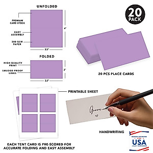 Andaz Press Table Tent Printable Place Cards, Lavender 20-Pack, Seat Placement Cards Blank Place Cards For Table Settings Name Cards for Bridal Wedding, School Graduation Food Cards Purple Place Cards