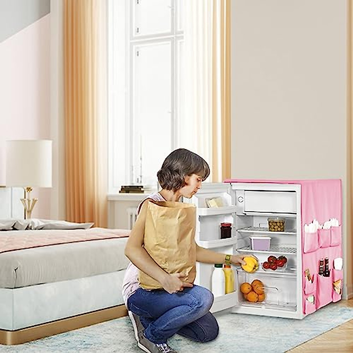 Extended Mini Fridge Caddy Organizer- 55" x 16.5" Dorm and Office Over the Fridge Caddy Organizer with 11Pockets for Flatware Drink Paper Goods- Over the Fridge Storage Organizer for Dorm Office, Pink