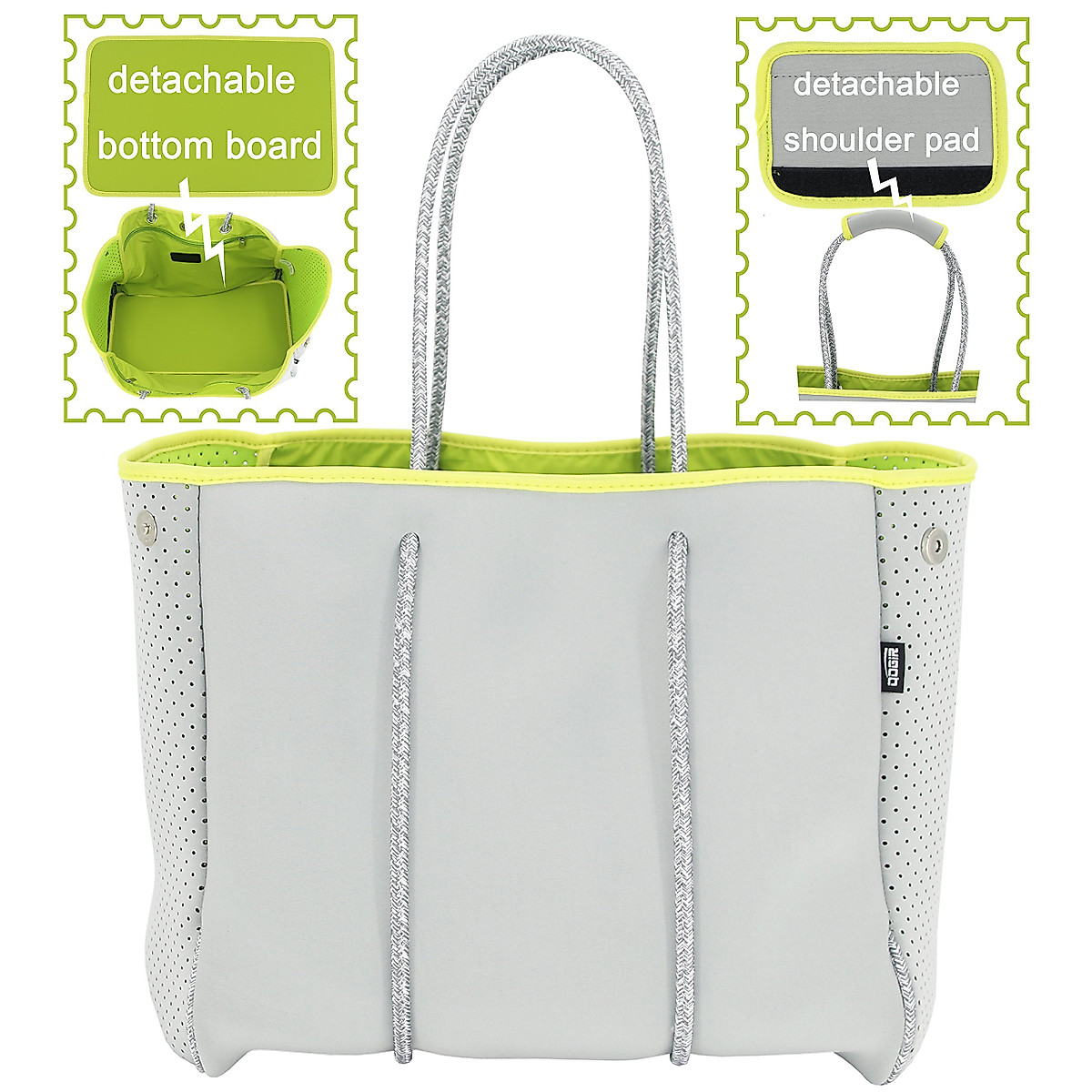 QOGiR Neoprene Multipurpose Beach Bag Tote with Inner Zipper Pocket (Light Grey, X-Large)
