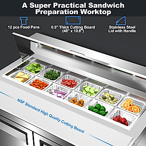 48’’ W Commercial Refrigerator 2 Door, Refrigerated Sandwich Salad Prep Table with 12 Pans Cutting Board, Mega Top/Stainless Steel/13 Cu.FT. Capacity/ETL NSF Approved