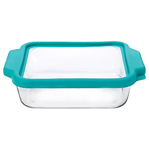 Anchor Hocking Glass Baking Dishes for Oven, 8 Inch Square Glass Cake Pan with TrueFit Teal Lid