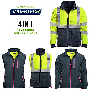 JORESTECH Safety 4-in-1 Windbreaker Reversible Gray Fitted Jacket Reflective High Visibility with Removable Sleeves JK-05 Small