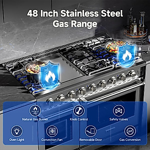 AAOBOSI 48 Inch Freestanding Gas Range Ovens with 7.0 cu.ft Large Capacity Double Convection Ovens, 6 Sealed Burners Plus Iron Grill Burner, Stainless Steel Gas Range Stove with NG/LPG Convertible