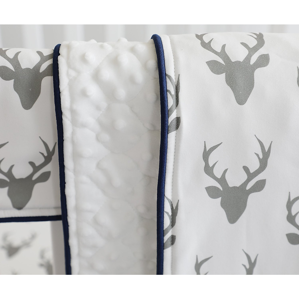 Baby Boy Crib Bedding White Grey Woodland Arrow Antlers Deer Head Minky Blanket Navy Crib Sheet Deer Buck Crib Rail Bedding Set (Grey Arrow Deer Head, 3 Pieces Set)