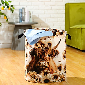 Qinyoung 17.7 x 13.7 Inch Highland Cow Laundry Basket Foldable Waterproof Oxford Cloth Laundry Hamper Clothes Storage Bucket Toy Organizer Farm Animal Storage Basket Bin for Bathroom Nursery Office