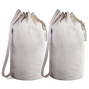 Handy Laundry Canvas Duffel Bag - Drawstring, Leather Closure, Shoulder Strap. (2-PACK)