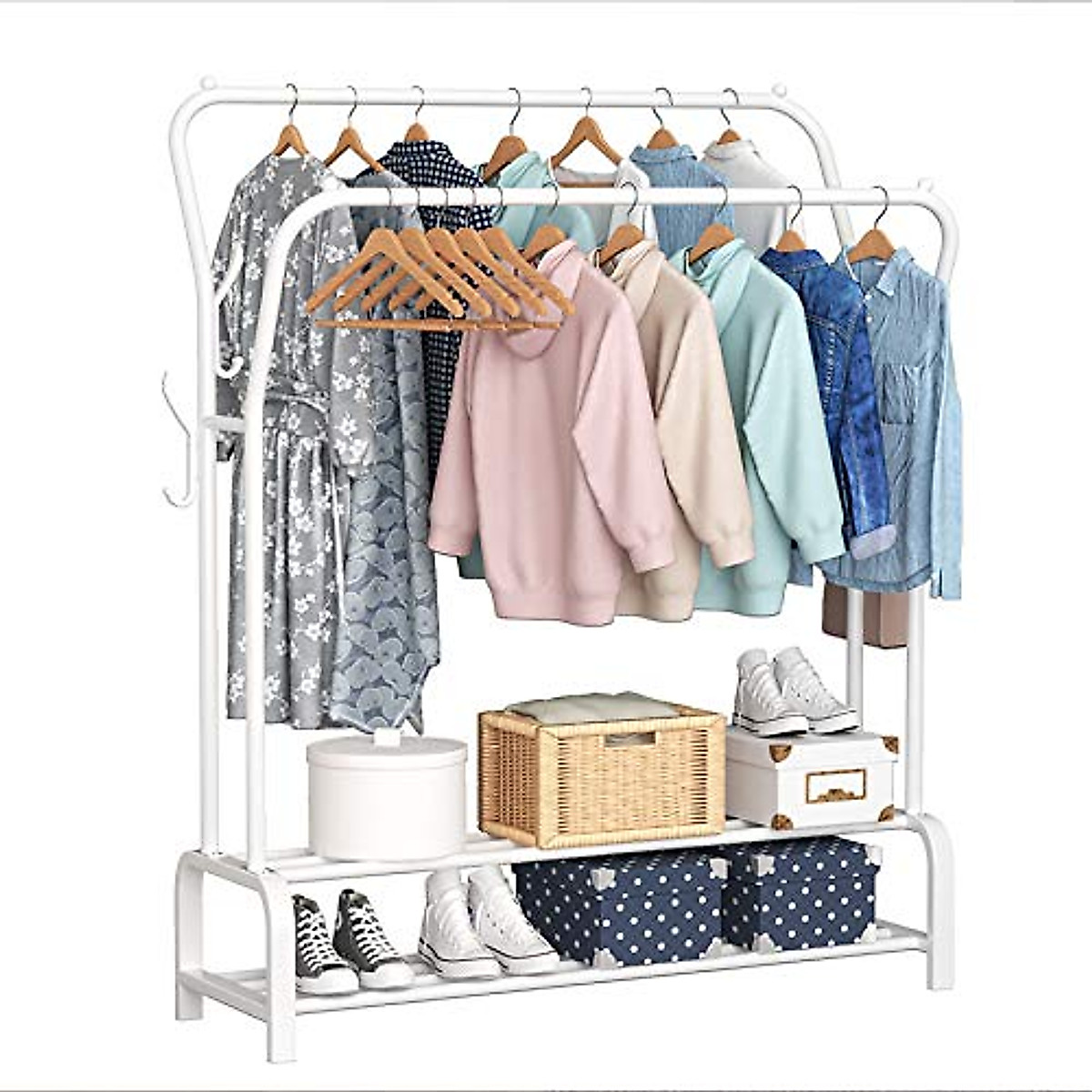 YAYI Garment Rack Clothes Rack Freestanding Hanger Double Rails Bedroom Clothing Rack With 2-Tier Lower Storage Shelf,White