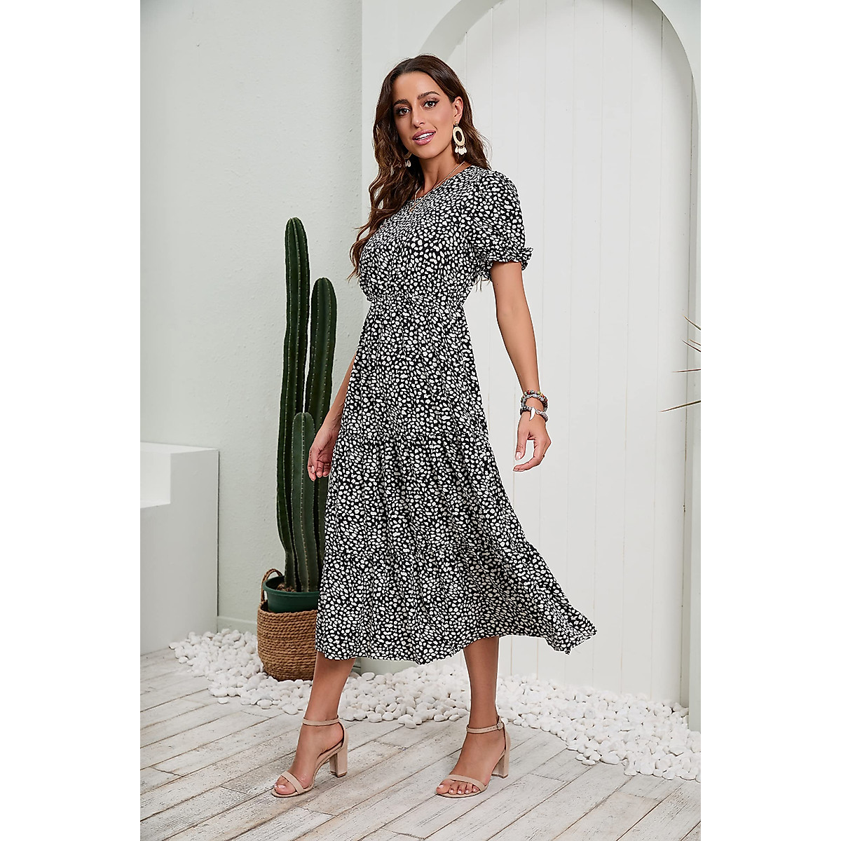 GRECERELLE Women Dress, Summer Casual Loose Crew Neck Boho, Leopard Dot Ruffle Puff Sleeve, High Waist Midi Beach Dress