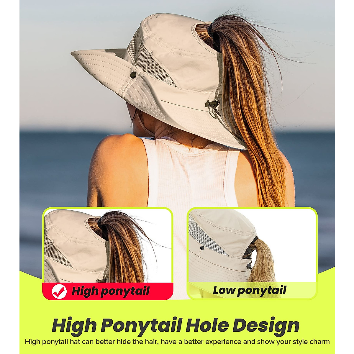 Sun Hat with High Ponytail Hole for Women, UPF 50+ UV Protection Safari Hiking Wide Brim Foldable Waterproof Beach Bucket Hat Beige