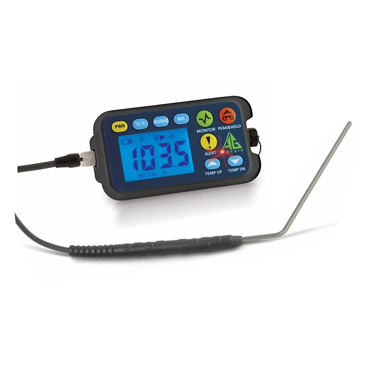 Cattle Rectal Thermometer with 4” Angled Probe. Fast, Accurate Veterinary Thermometer for Dairy and Feedlot. AG-Medix AG-102 Thermometer with large LED and Arm Holster for easy one-hand operation.