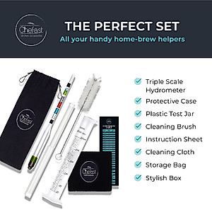 Chefast Triple-Scale Hydrometer Kit with Plastic Test Jar for Wine, Beer, Mead and Kombucha - Alcohol Tester, Hydrometer Alcohol, ABV, Brix and Gravity Tester - Home Brewing Supplies, 0-200 Proof