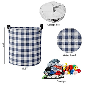 Navy Blue White Plaid Laundry Basket Large 16.5"x17" Waterproof Laundry Hamper, Farmhouse Checkered Buffalo Collapsible Toys Blankets Storage Baskets Clothes Hamper for Bathroom Bedroom Living Room