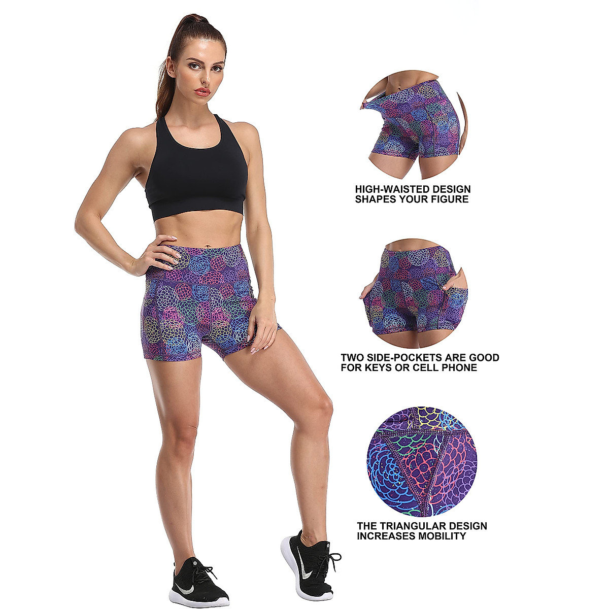 Amazon Essentials Workout Volleyball Yoga Print Short Pockets High Waist Exercise Running Gym Shorts for Women 3" Purple Circle Flower-M