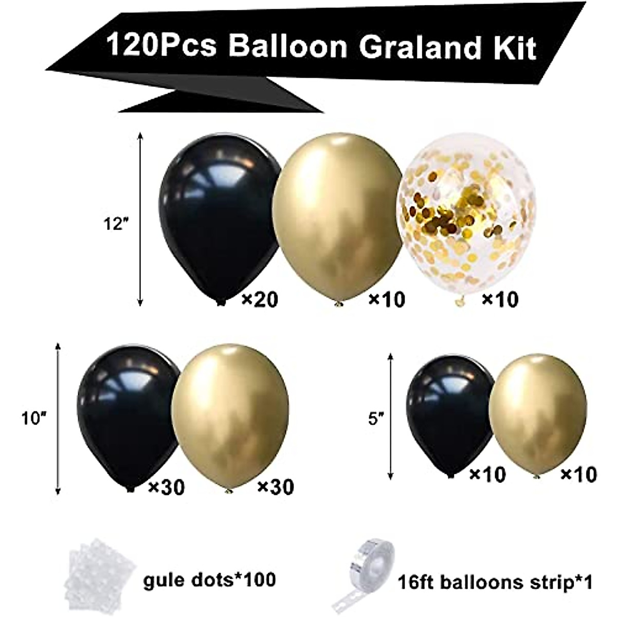 Black Gold Balloons Garland Kit - 120Pcs Black Metallic Gold Confetti Latex Balloons Arch Kit for Weddings, Birthday Party, Graduation Baby Showers, Anniversaries