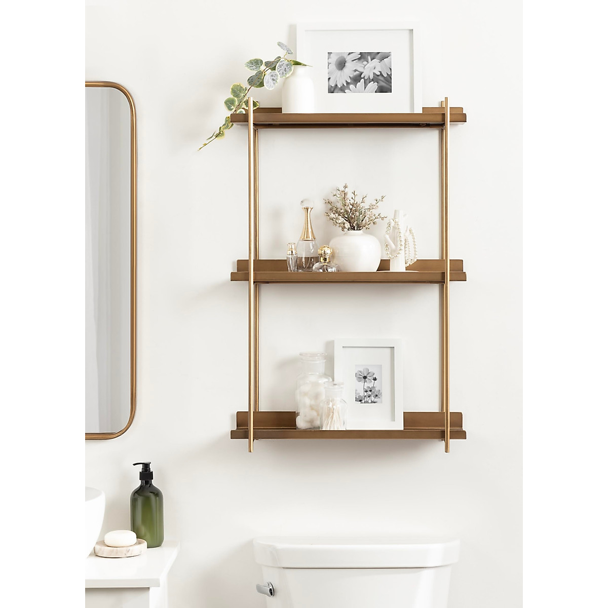 Kate and Laurel Dominic Modern Metal Bathroom Shelf, 20 x 7 x 30, Dark Gold, Sleek Glam 3-Tier Floating Shelves for Wall Decor, Display, and Over Toilet Storage