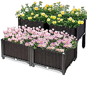 Renatone Set of 4 Raised Garden Beds Outdoor, Planter Box with Self-Watering Design, Drain Holes, Plastic Raised Garden Bed with Legs for Patio Yard Gardening, Grow Vegetables, Flowers, Herbs(Brown)