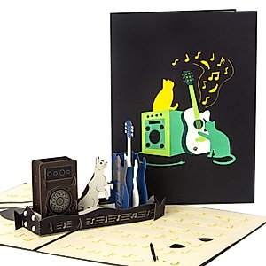Ribbli Guitar and Cat 3D Pop Up Card for All Occasion Cat Birthday Card Fathers Day Card Pop Up Birtdahy Card for Men Women Cat and Guitar Lover Gifts, with Envelope