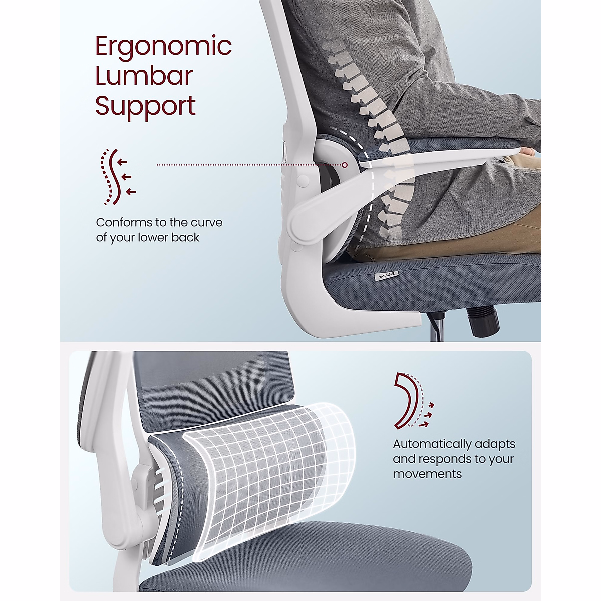 VASAGLE Office Chair, Ergonomic Design, Lumbar Support, High Back Desk Chair, Mesh Computer Chair, Foldable Armrests, Adjustable Headrest, Tilt Function, for Home Office, Dove Gray UOBN040G21
