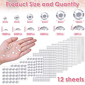 1980Pcs Self Adhesive Rhinestones Stickers, Shynek Stick on Rhinestone Gems face Jewels for Hair, Face, Makeup, Crafts, 6 Sizes