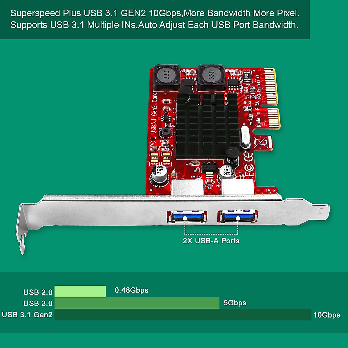 PCIE to 2 USB 3.1 GEN2 Type A 10Gbps Ports Expansion Card for Windows 7, 8.1, 10, 11 (32/64) and MAC OS 10.9,10.10,10.12,10.13,10.14,10.15 PCs, Built in Smart Power Control Technology (PCE-U312A)