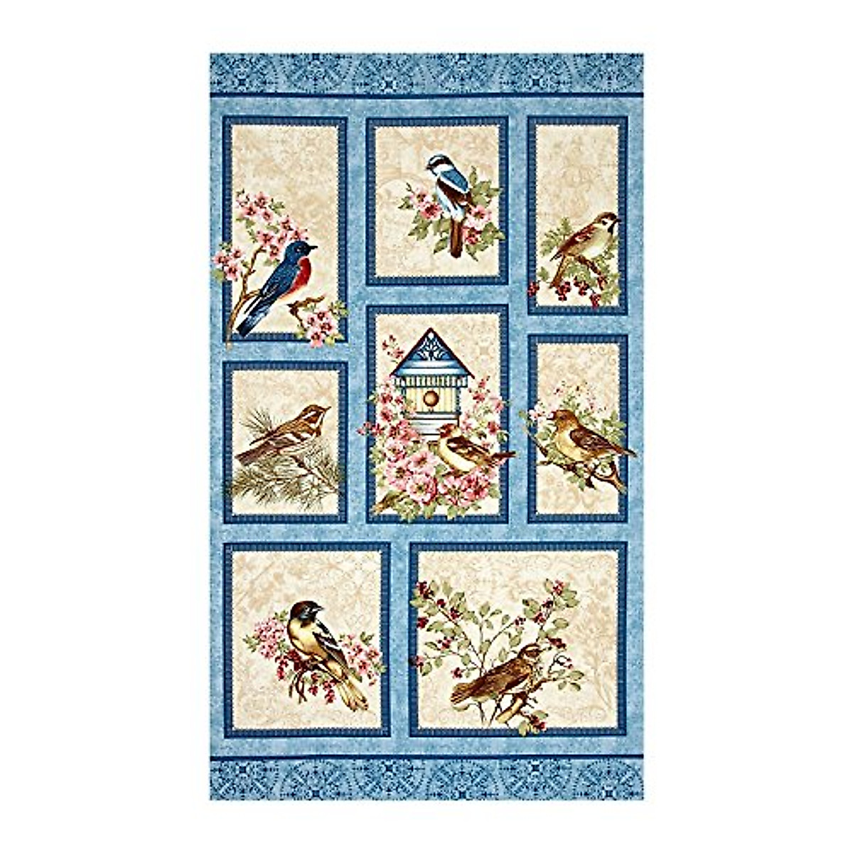 "Birds of a Feather" Bird & Bird House Quilt Block Cotton Fabric Panel (Great for Quilting, Sewing, Craft Projects, Quilt, Throw Pillows & More) 24" X 44"