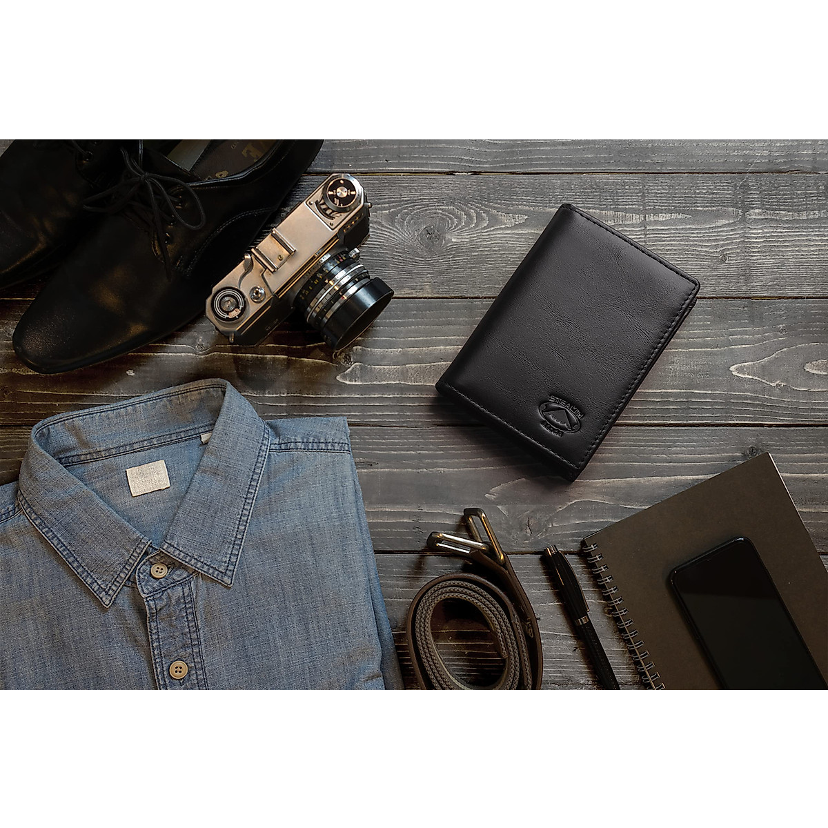 Stealth Mode Men's Slim Front Pocket Wallet - RFID Blocking, Thin Minimalist Bifold Design, Genuine Leather - ID Badge Window and 5 Sleeves for Money, Credit and Debit Cards, Driver's License - Black