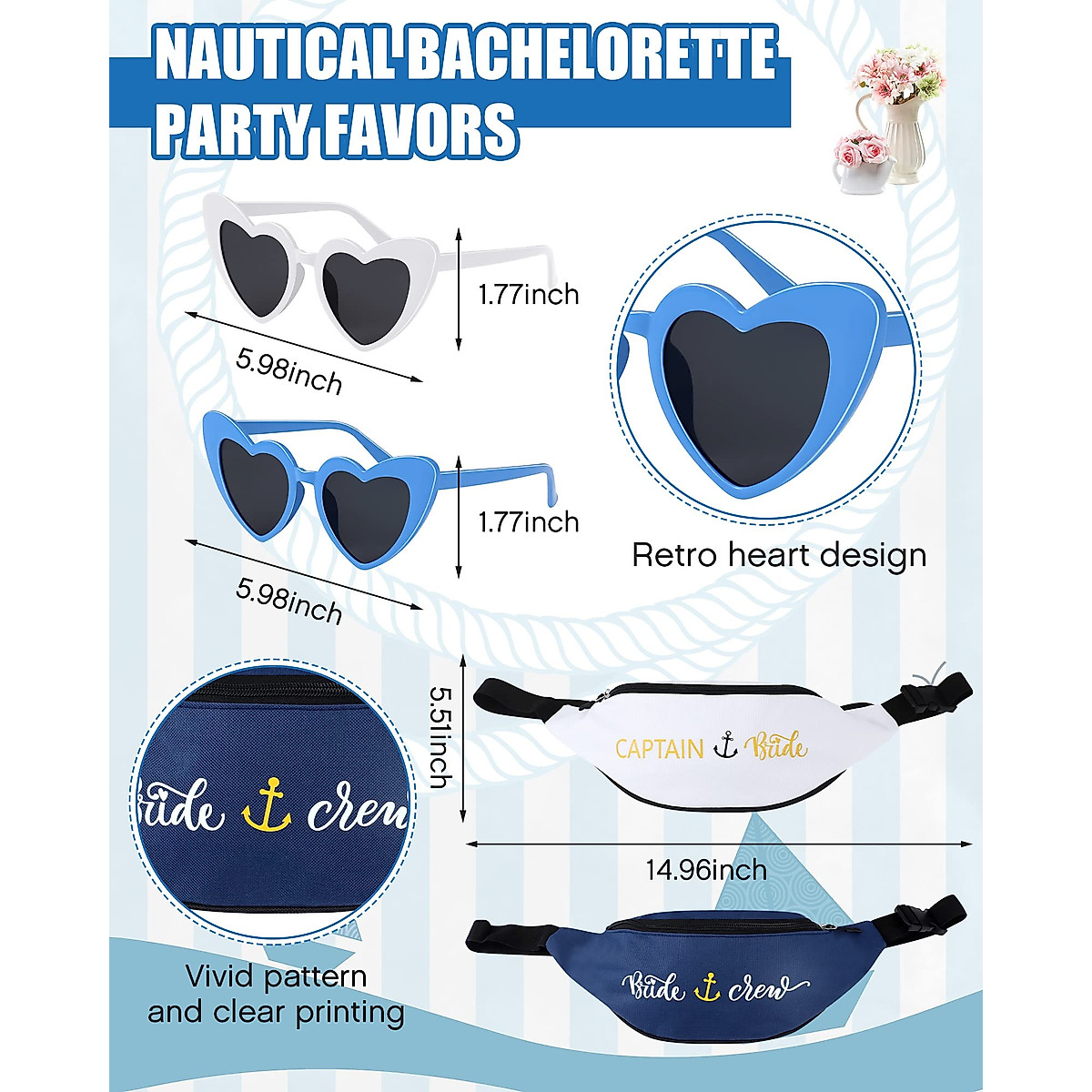 6 Sets Nautical Bridal Shower Hat Set - Women's Bride Captain Hat with Veil, Crew Sailor Hat, Fanny Pack, Heart Sunglasses for Bachelorette Party Boat Supplies