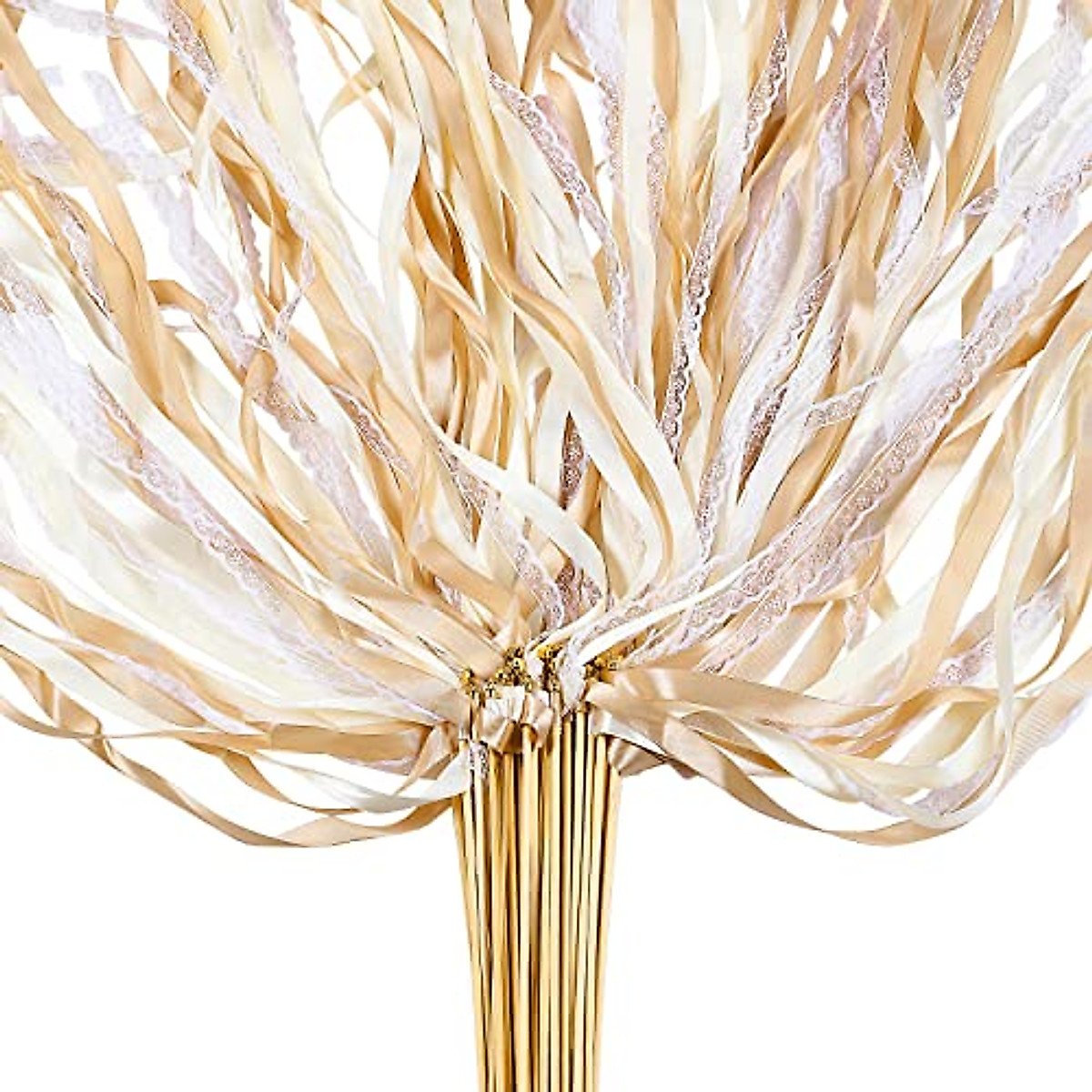 150 Pcs Lace Ribbon Stick Wands Wedding Wand Streamers with Bell Silk Ribbon Fairy Wand Wedding Send Off Streamer for Wedding Party Favors Baby Shower Holiday Celebration (Champagne, Beige)
