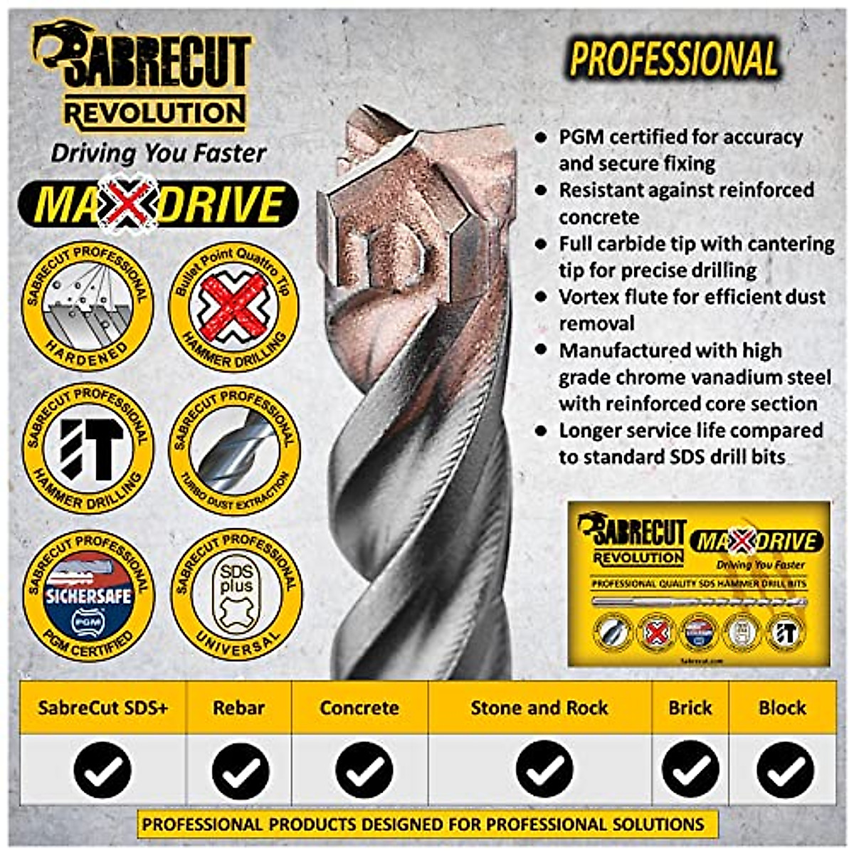 5 x SabreCut QSCK5A 13/64" 7/32" 15/64" 9/32" 5/16" x 6 19/64" Length Quattro PGM Approved Full Carbide 4 Cutter Tip Vortex Flute SDS Plus Drill Bit Mix Kit For Stone Concrete Brick Block