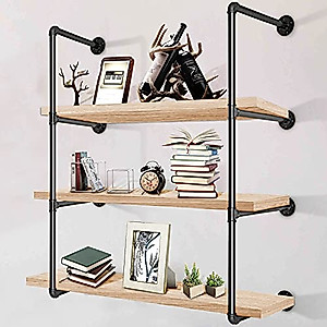 VEVOR Industrial Pipe Shelves 3-Tier Wall Mount Iron Pipe Shelves 2 PCS Pipe Shelving Vintage Black DIY Pipe Bookshelf Each Holds 44lbs Open Kitchen Shelving for Bedroom & Living Room W/Accessories