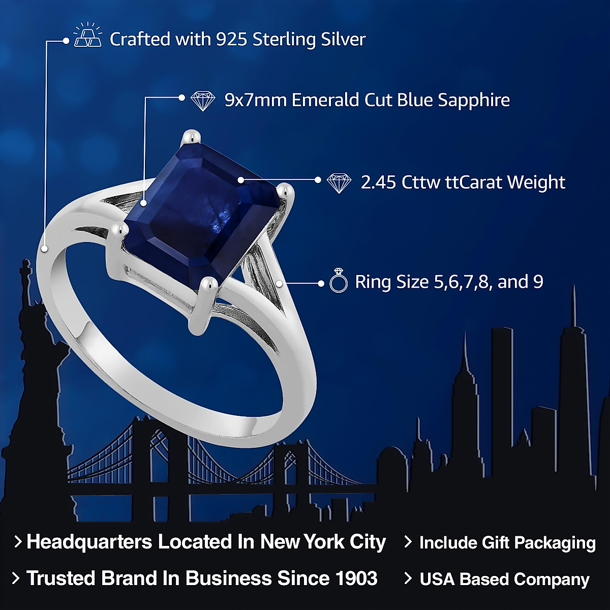 Gem Stone King 925 Sterling Silver Blue Sapphire Solitaire Engagement Ring For Women (2.45 Cttw, Emerald Cut 9X7MM, Gemstone September Birthstone, Available in Size 5,6,7,8,9)