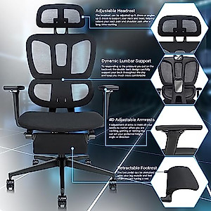 Ergonomic Mesh Office Chair with Retractable Footrest - High Back Computer Chair, Lumbar Support, 4D Adjustable Armrest and Headrest, Durable Base - Multifunctional Home Office Desk Chair for Adults