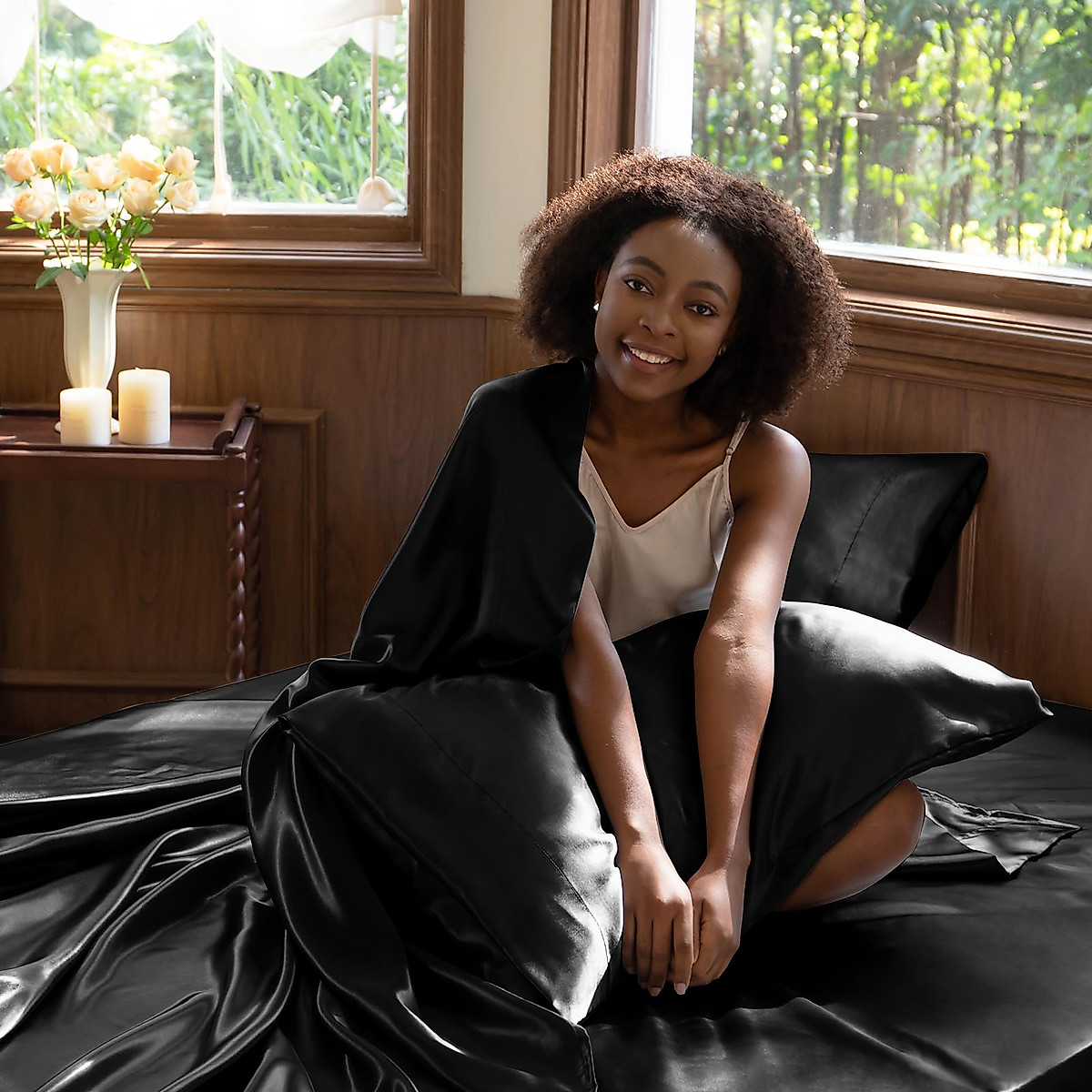 CozyLux Satin Sheets Full Size - 4 Piece Black Bed Sheet Set with Silky Microfiber, 1 Deep Pocket Fitted Sheet, 1 Flat Sheet, and 2 Pillowcases - Smooth and Soft