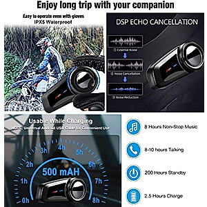 QSPORTPEAK Motorcycle Helmet Bluetooth Intercom Headset Communication Systems Kit, M2 Full Duplex 6 Riders Group Helmet Intercom/FM Radio/Voice Prompt/MP3/GPS Connective/Range 1000m/IP67 Waterproof